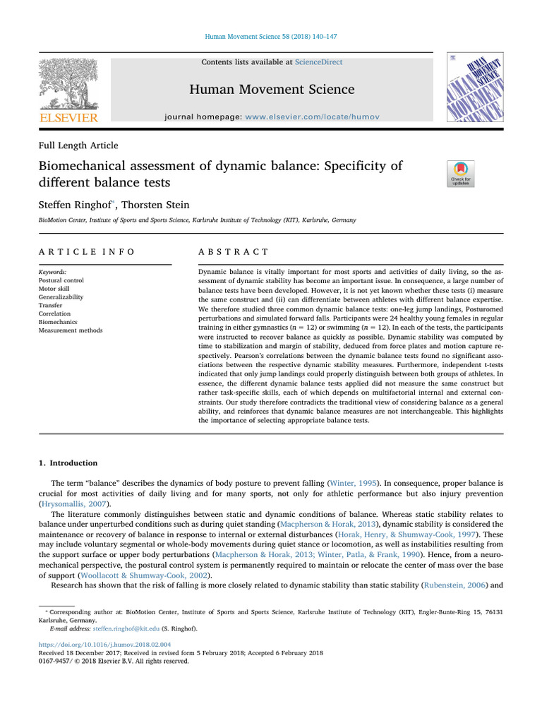 Biomechanical Assessment of Dynamic Balance - Specificity of Different ...