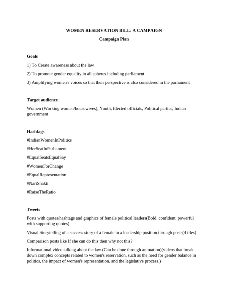 WOMEN RESERVATION BILL Campaign Plan | PDF