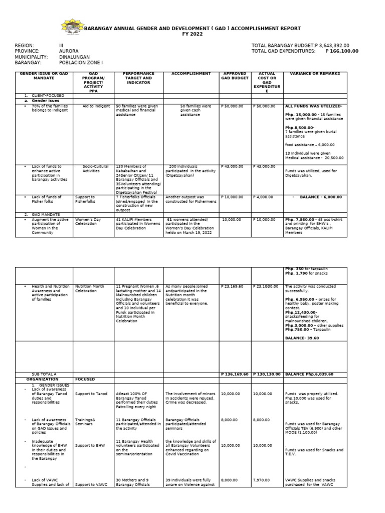 BARANGAY ANNUAL GENDER AND DEVELOPMENT Accomplishment Report 2022 | PDF