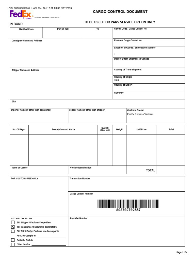 Cargo Control Document: To Be Used For Pars Service Option Only in Bond ...