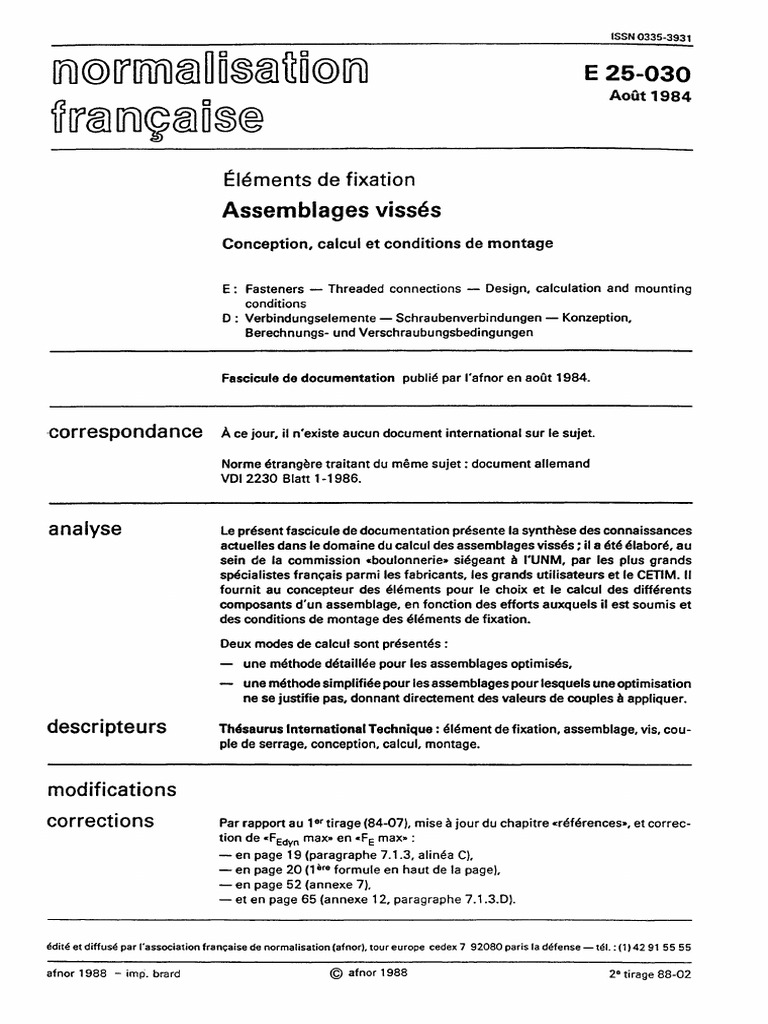 NF E25-030 ASSEMBLAGES VISSES - Elements de Fixation | PDF