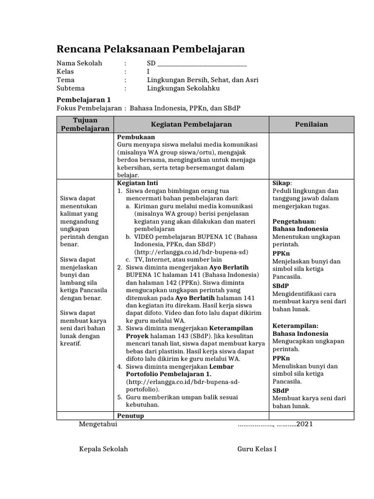 RPP BUPENA Kelas 1 Tema 6 Sub 3 | PDF