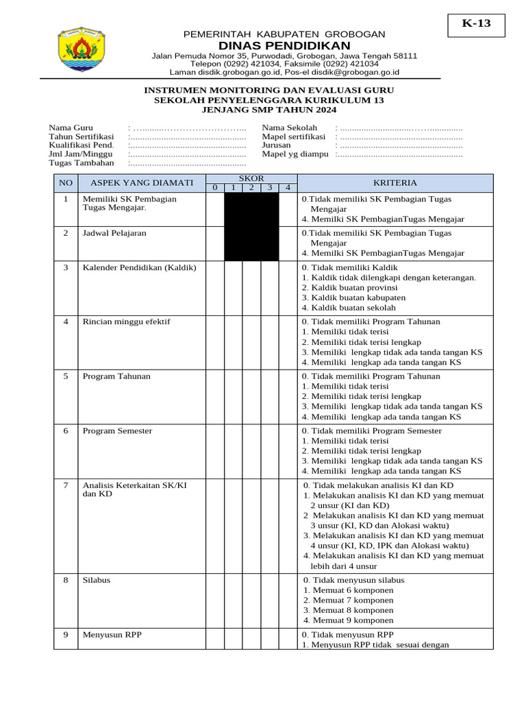 1.2 Instrumen Monev Guru-K13 - 2024 | PDF