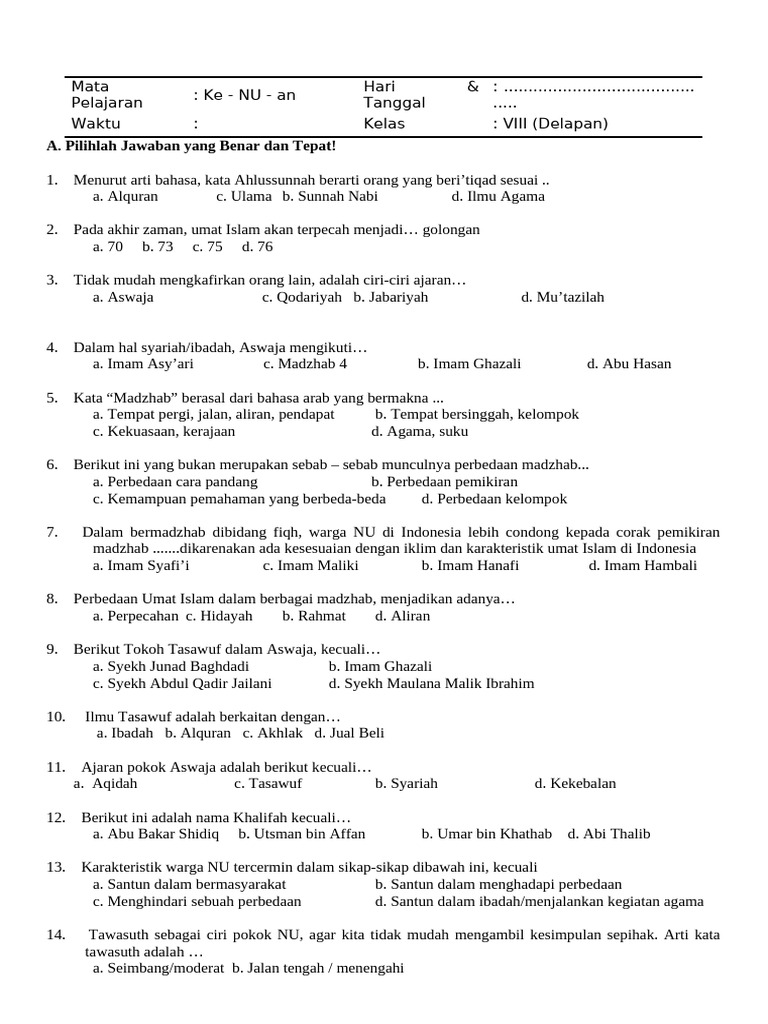 Soal Ke NU An Kls 8 | PDF