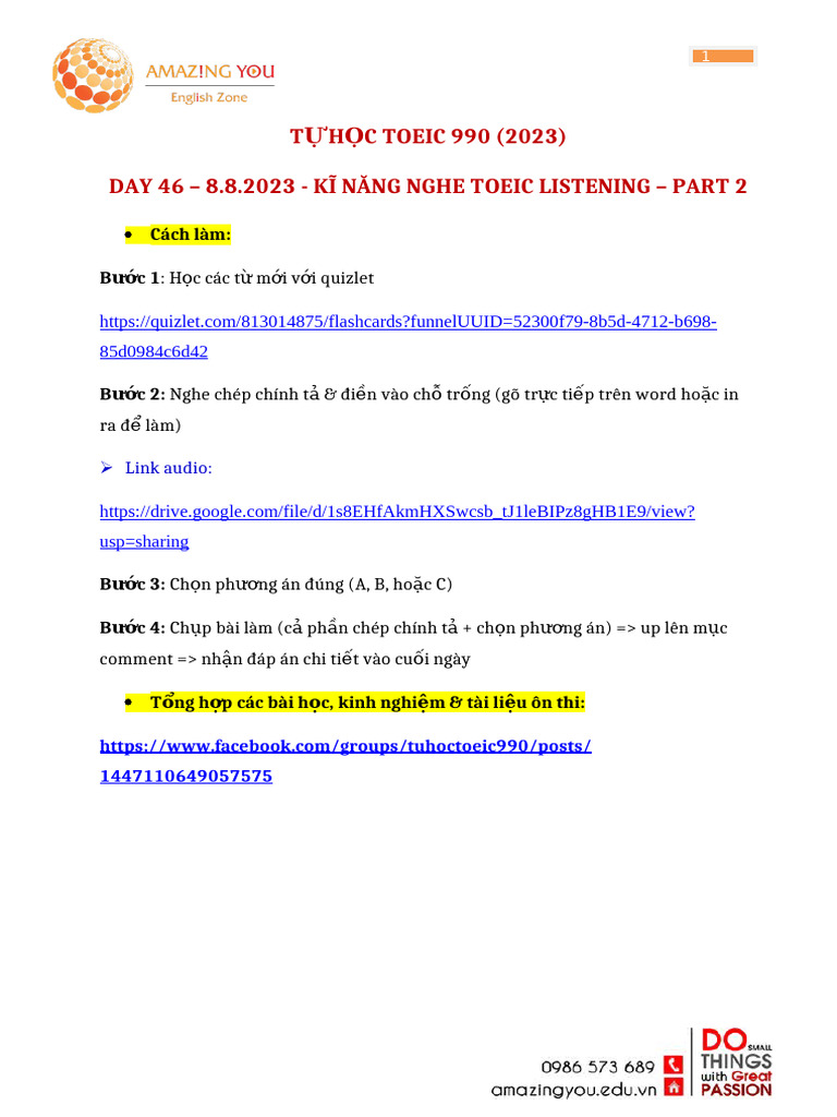 Tự Học TOEIC 2023 - Day 46 - ToEIC Listening Part 2 (8.8) | PDF