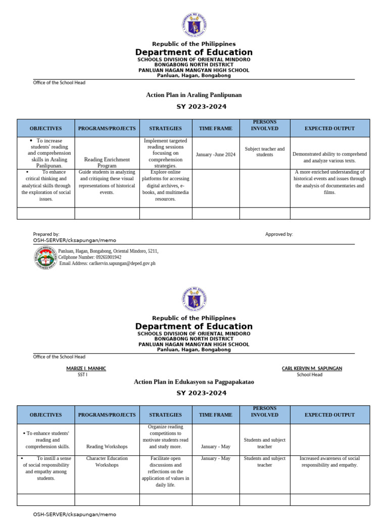 Action Plan in Catch Up Friday | PDF