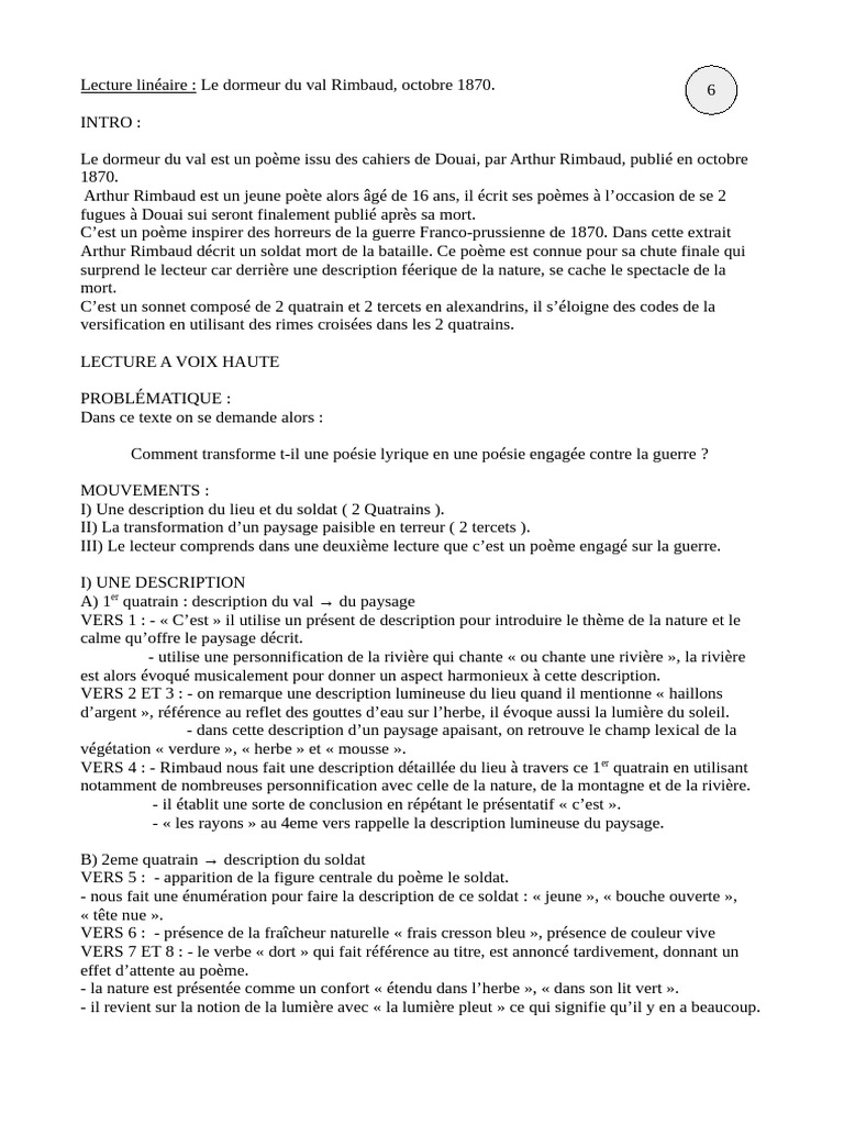 Analyse Linéaire Poème Le Dormeur Du Val Rimbaud | PDF