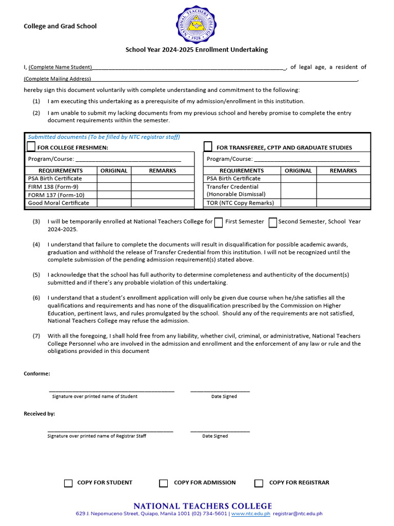 2024-2025 Enrollment Undertaking Form | PDF | Justice | Career & Growth