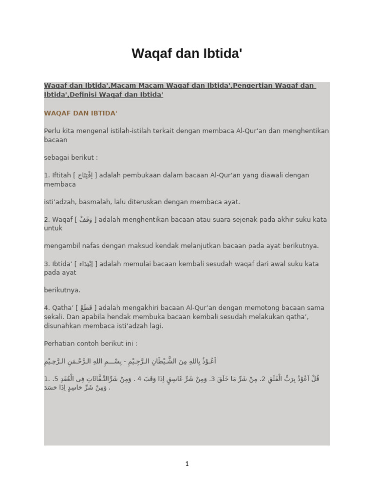 Waqaf Dan Ibtida | PDF