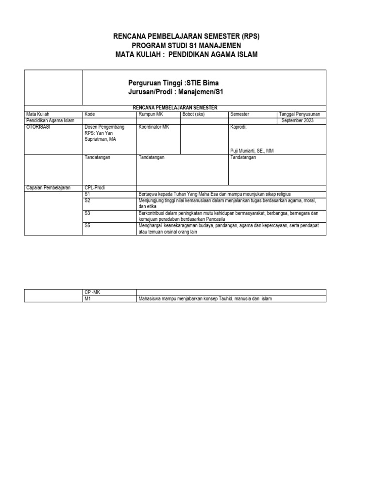 RPS Pendidikan Agama (STIE Bima) | PDF