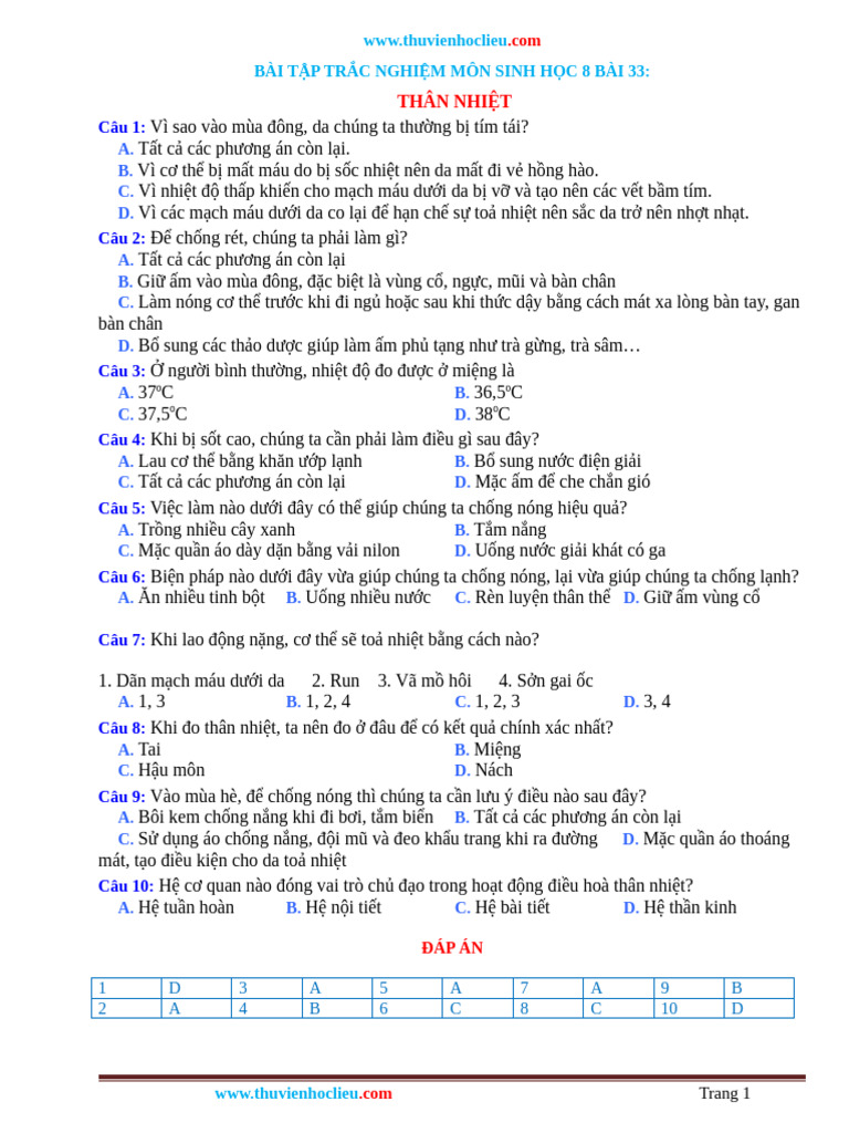 Trac Nghiem Sinh Hoc 8 Bai 33 | PDF