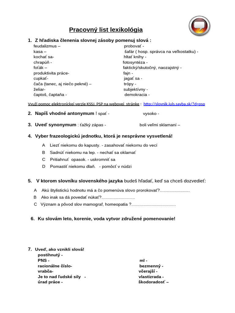 Pracovné Listy Lexikológia | PDF