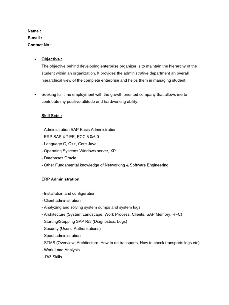 SAP Basis Fresher Sample Resume | PDF | Business