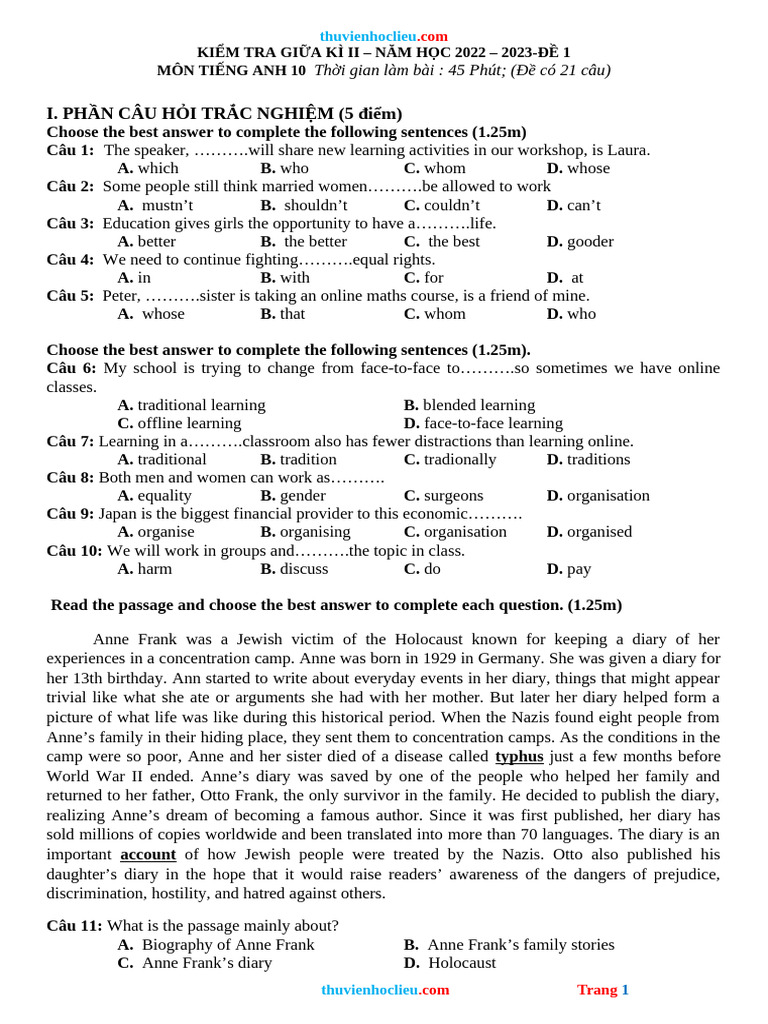De Tieng Anh 10 Giua HK2 Nam 22 23 de 1 | PDF