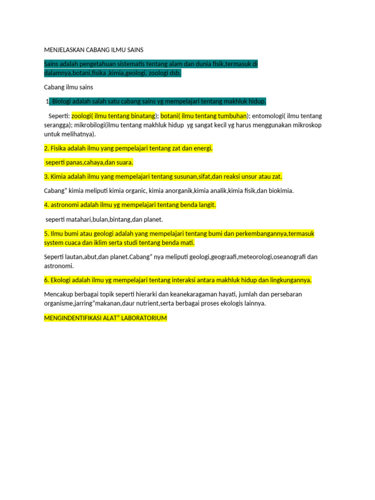 Menjelaskan Cabang Ilmu Sains | PDF