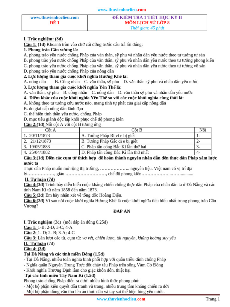 Bo de KT 1 Tiet Lich Su 8 HK2 Co Dap An | PDF