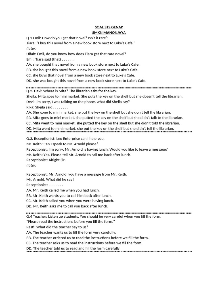 Soal STS Genap Bahasa Inggris KLS Xi TKJ 1,2,3,4 & RPL 1,2 | PDF