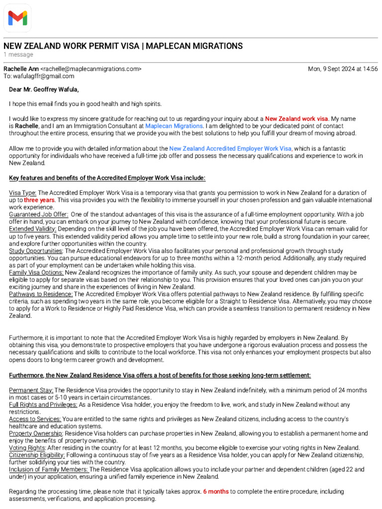 Gmail - NEW ZEALAND WORK PERMIT VISA - MAPLECAN MIGRATIONS | PDF