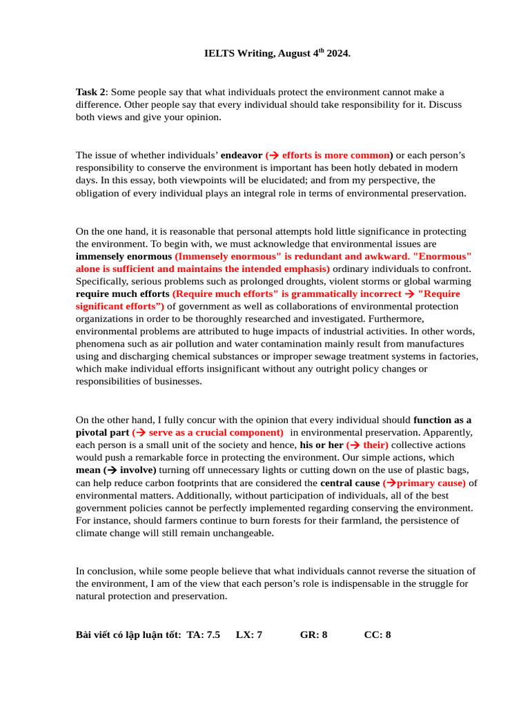 4th Aug Writing T2 - Ngocanh | PDF | Natural Environment | Social Science