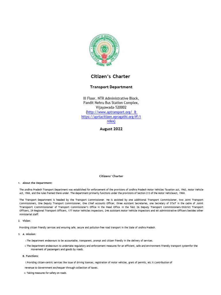 Citizen Charter Transport 2022 | PDF