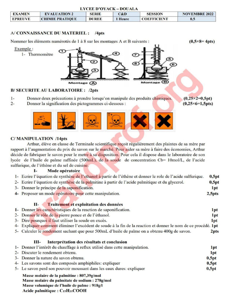Chimie Pratique - Évaluation 2 - Lycée - Oyack - Douala - 2022-2023-1 | PDF