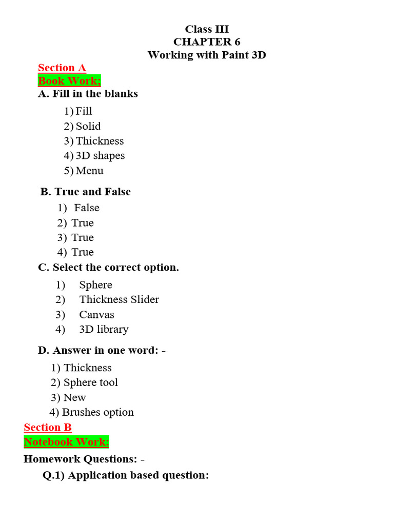 Updated Class 3 Chapter 6 - Working With Paint 3D Book Work and ...