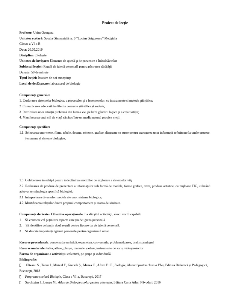 Proiect Lectie - Reguli de Igienă | PDF