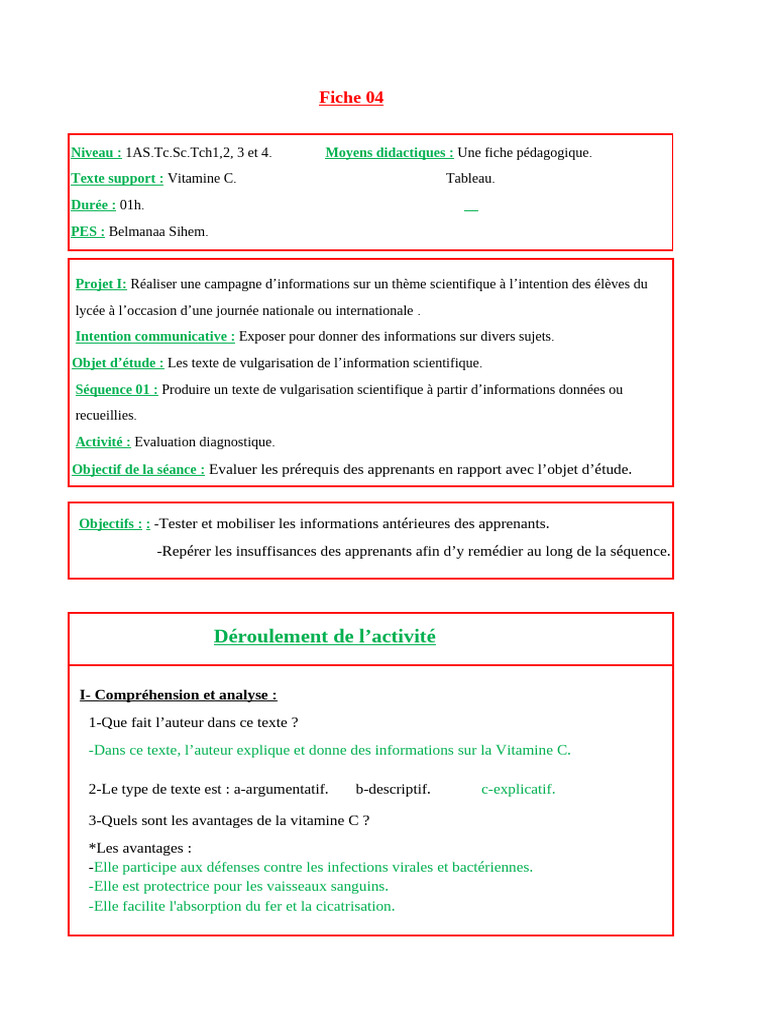 La Fiche de L'évaluation Diagnostique Du Projet 1AS - TC.SC - TCH | PDF