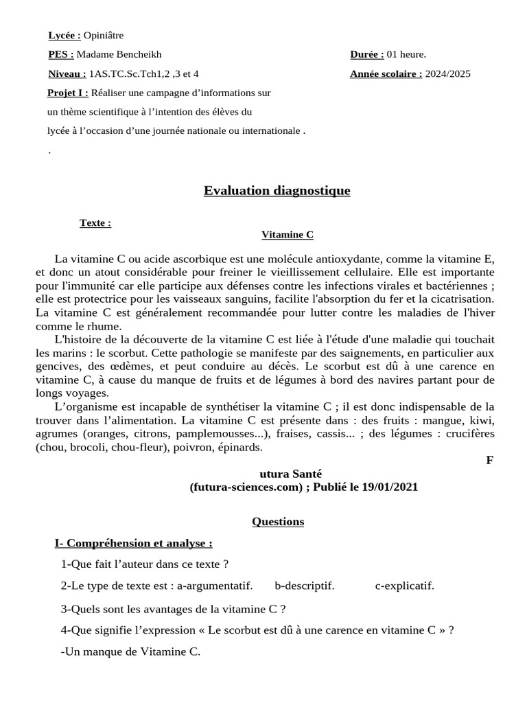 Evaluation Diagnostique Du Projet 1AS - TC.SC - TCH 1,2 Et 3 | PDF
