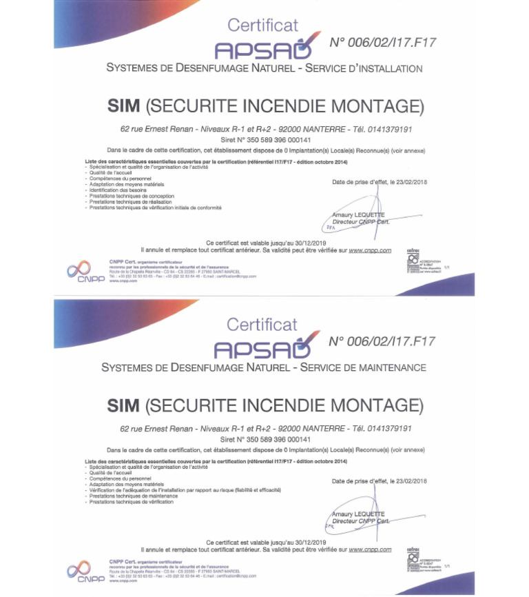 Certification Apsad N°006.02 I17 F17 1 | PDF