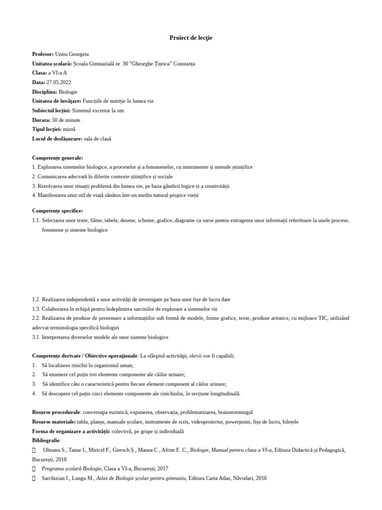 Proiect Lectie - Sistemul Excretor La Om X 3 Ex | PDF