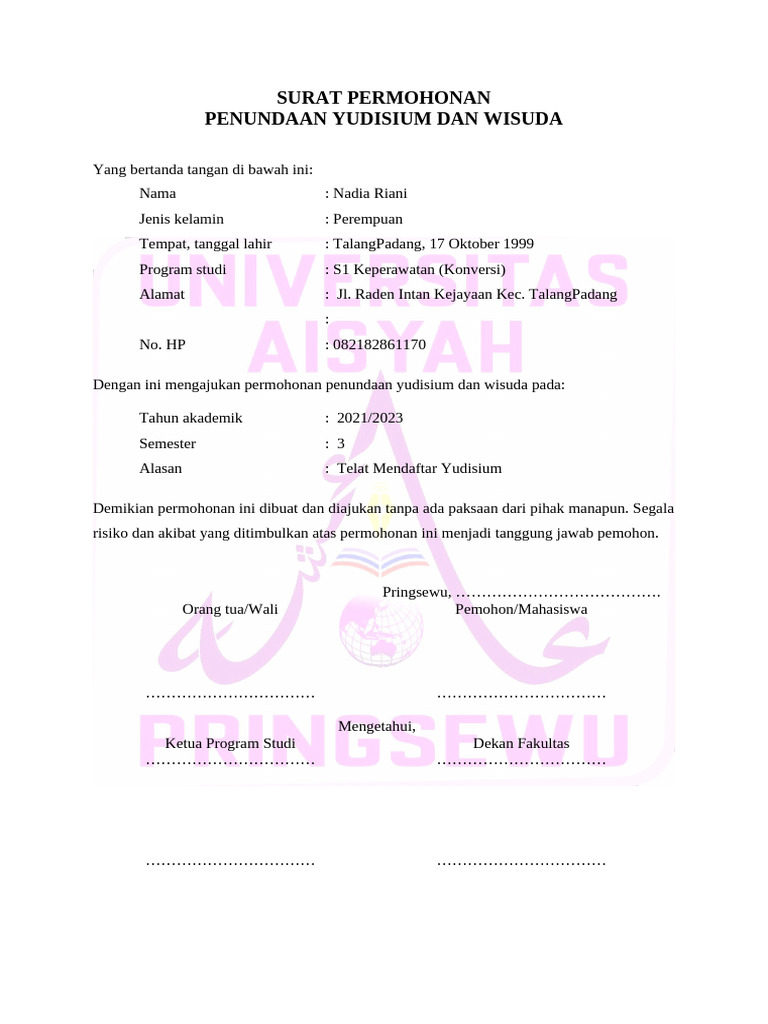 Form Tunda Yudisium Dan Wisuda Nadia | PDF