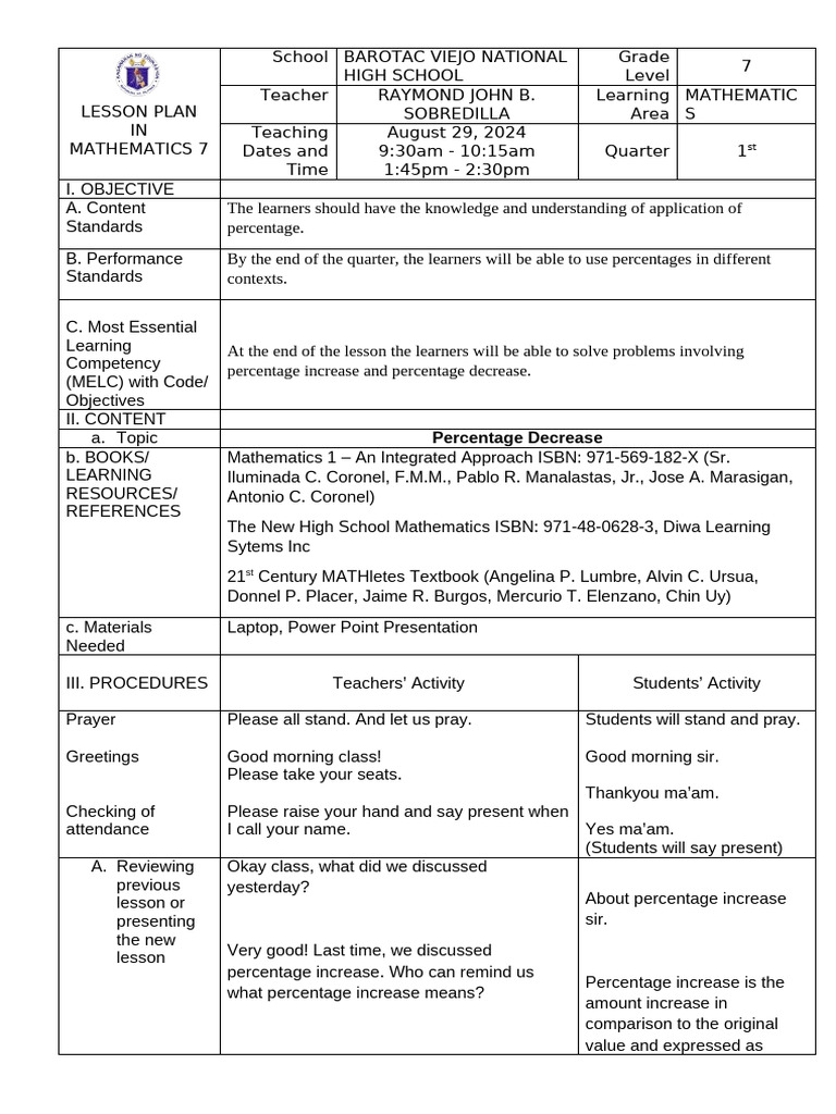Lessonplan Detailed g7 Week4 | PDF