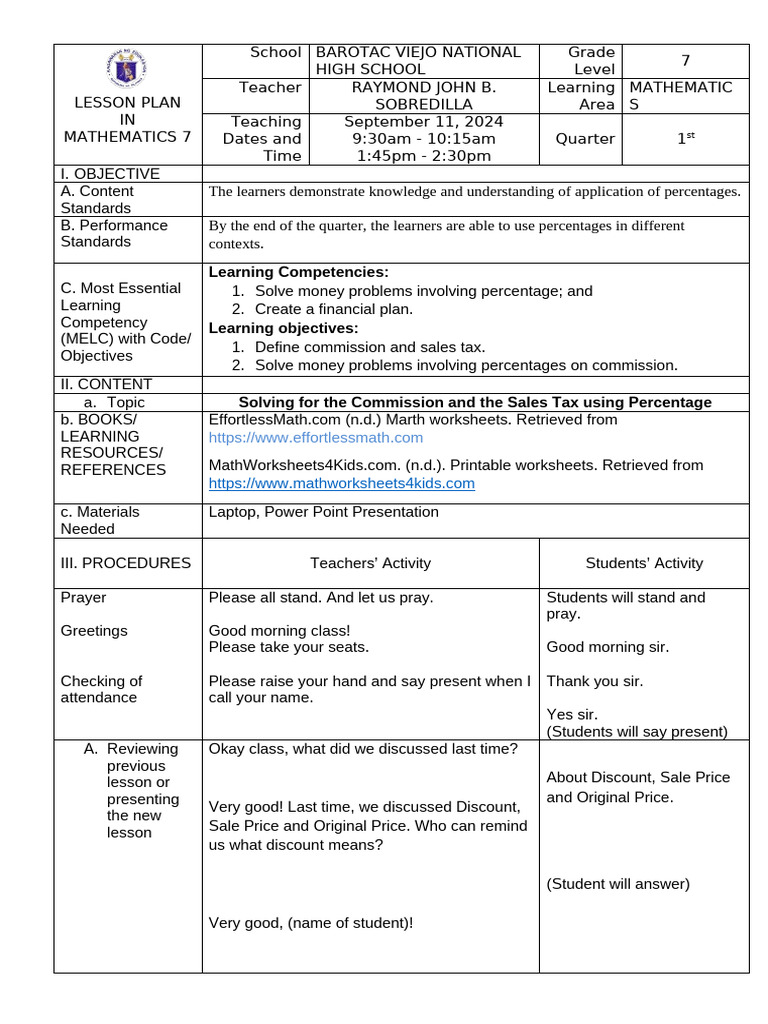 Lessonplan Detailed g7 Week5d (Day2 Continuation) | PDF