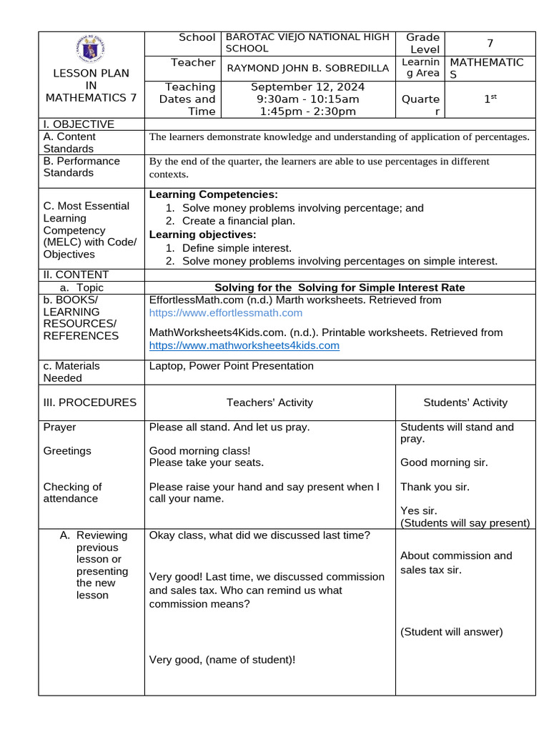 Lessonplan Detailed g7 Week5 (Day3) | PDF