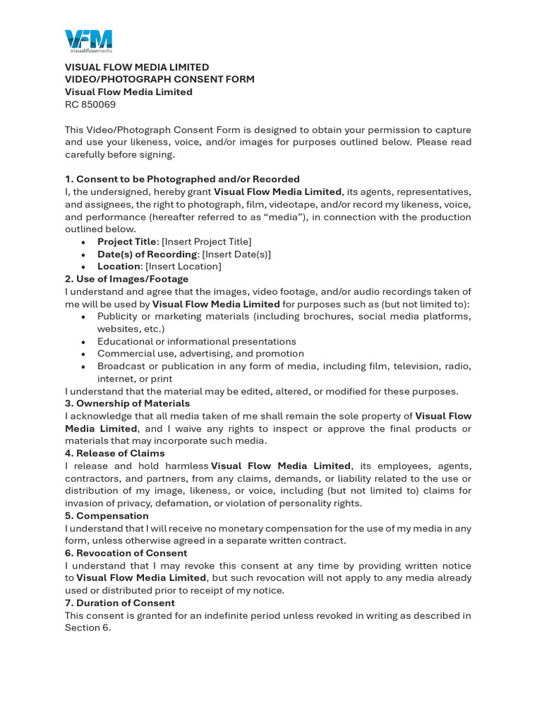 VISUAL FLOW MEDIA LIMITED - Consent Form | PDF