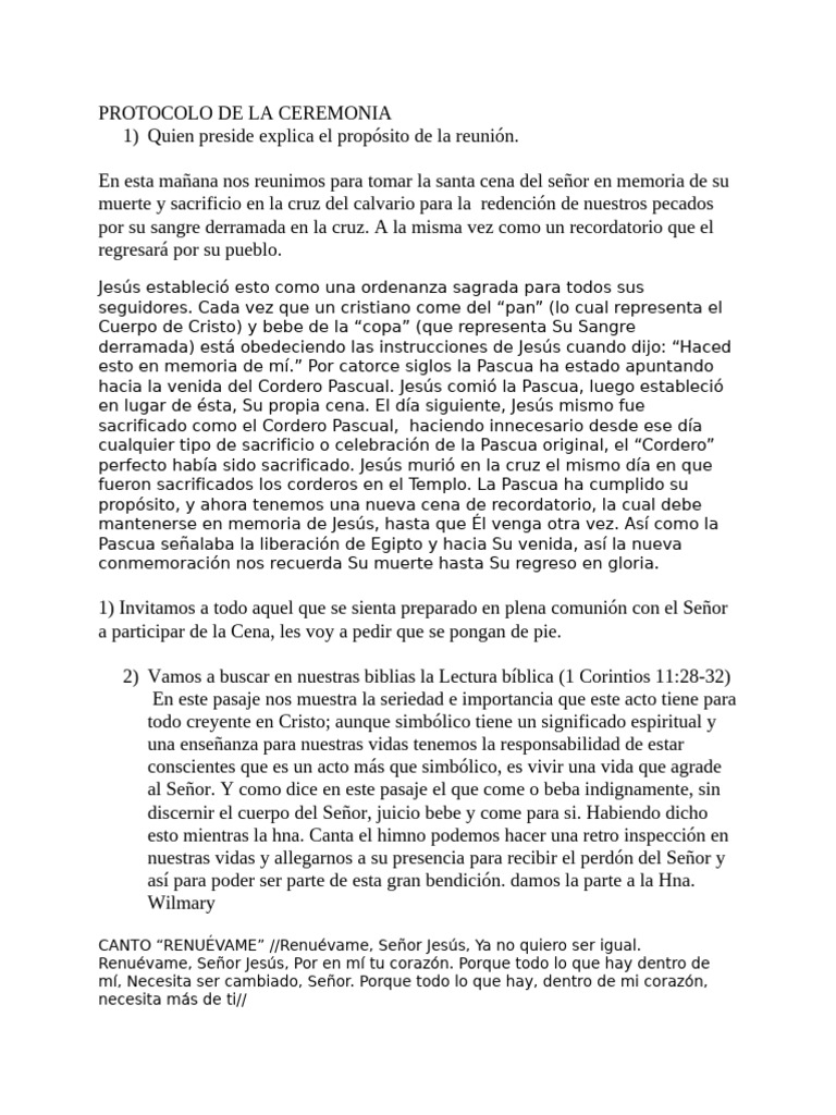 Protocolo de La Ceremonia Santa Cena | PDF