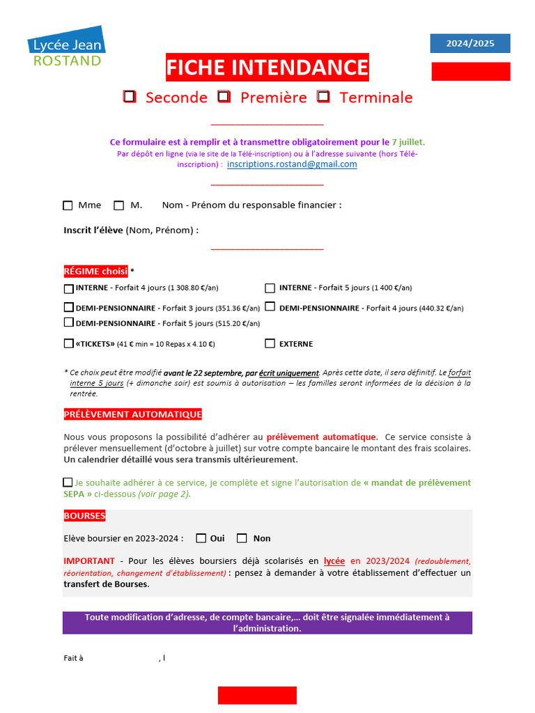 FORMULAIRE Fiche Intendance Rentree 2024 | PDF