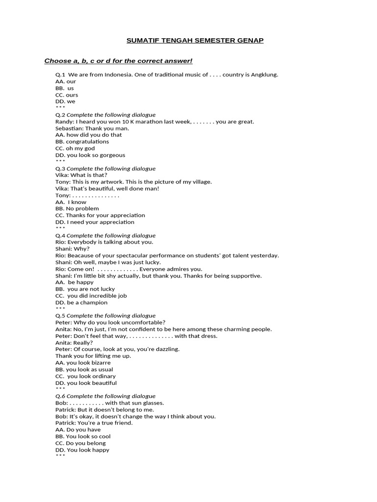 Soal STS Genap Bahasa Inggris - Ima Rohimasari KLS MP 1,2,3 & TKR 1,2,3 | PDF