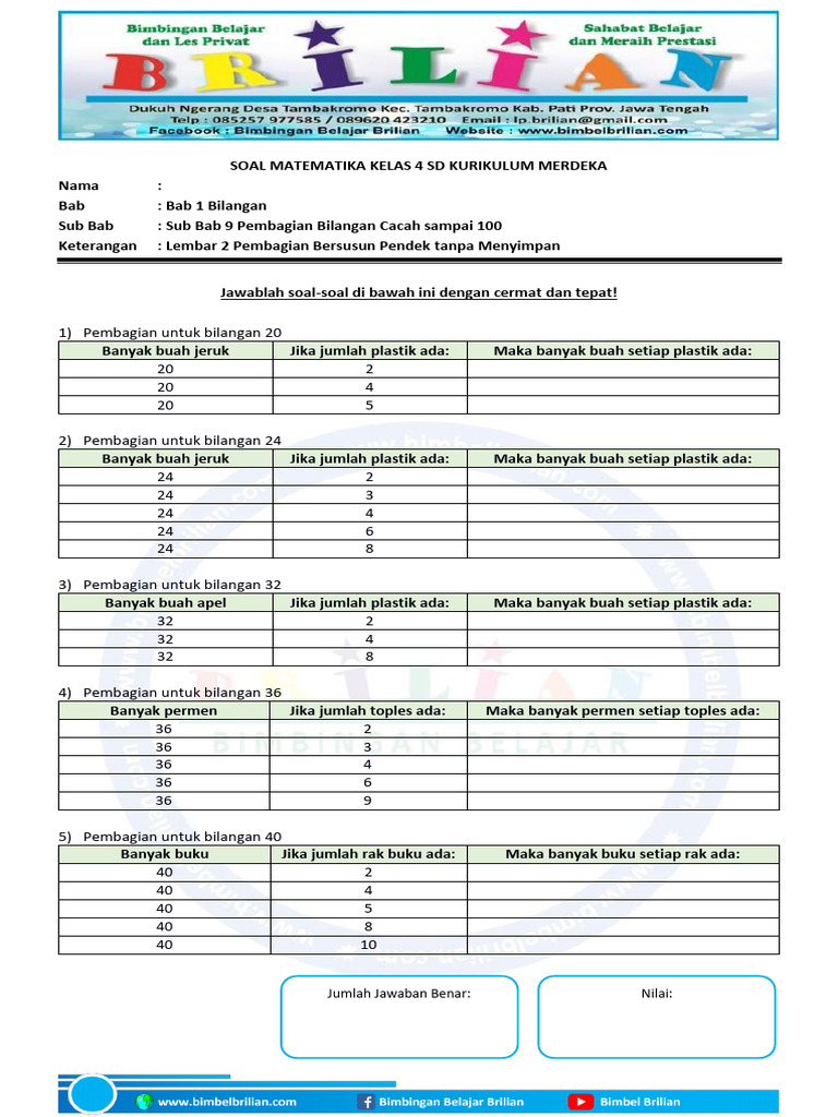 Soal Matematika Kelas 4 Sd Lembar 1 Pembagian Dengan Tabel Pdf