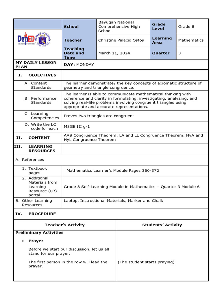 LP MATH 8 Proves Two Triangles Are Congruent | PDF