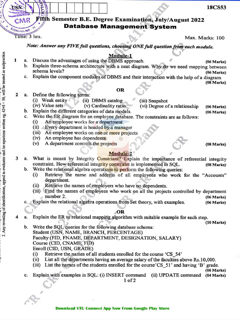 DBMS Question Papers | PDF DBMS Question Papers | PDF