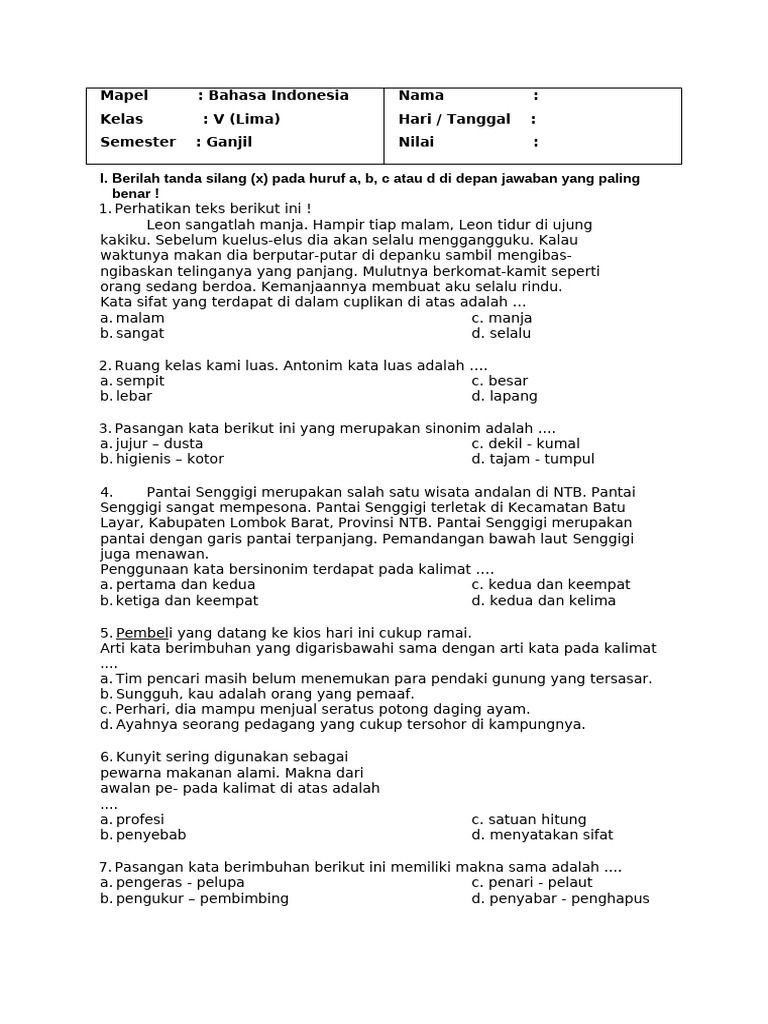 Soal PTS-STS Bahasa Indonesia Kelas 5 Semester 1 Kurikulum Merdeka T.A 2023-2024 | PDF