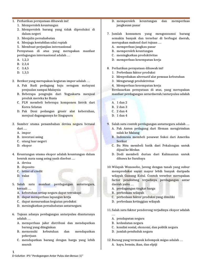 Soal Ips Kelas 8 Semester 1 Perdagangan Antar Pulau Dan Benua | PDF