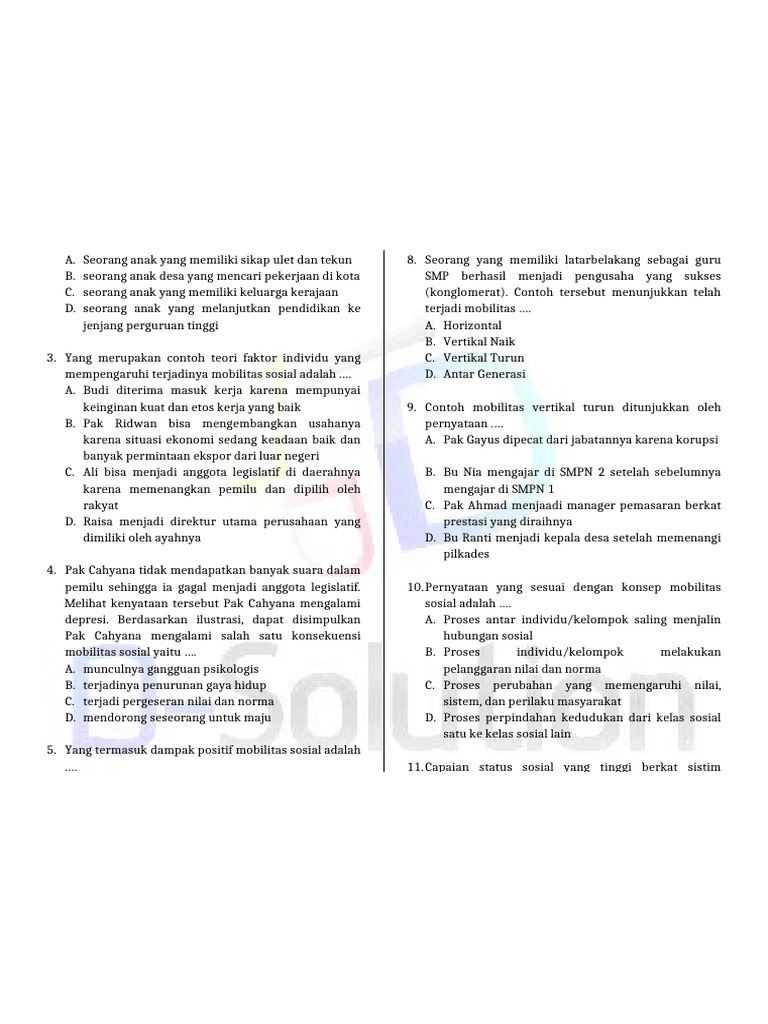 Soal Ips Kelas 8 Semester 1 Mobilitas Sosial Pdf