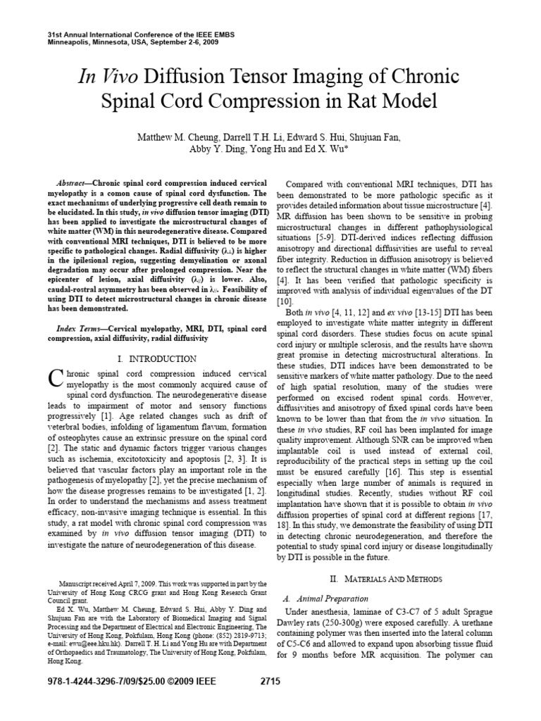 In Vivo Diffusion Tensor Imaging of Chronic Spinal Cord Compression in Rat Model | PDF