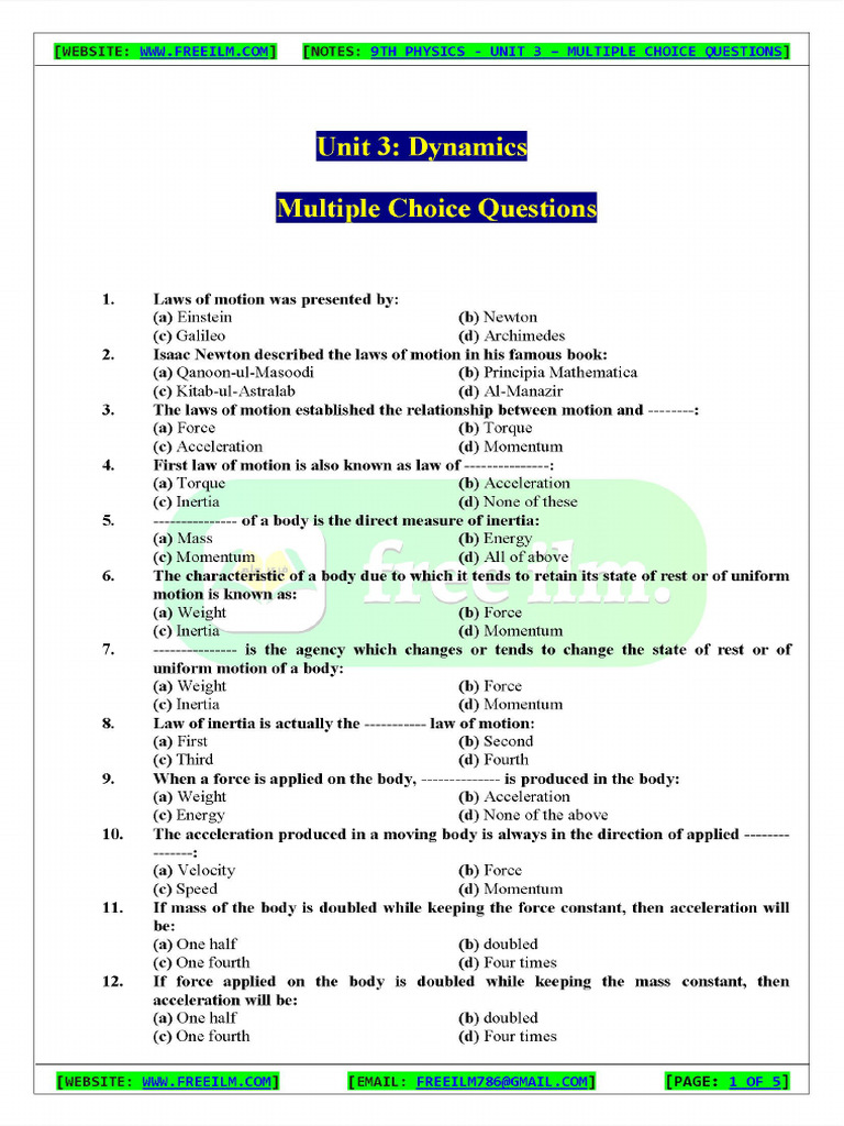 9th Phy CH 3 MCQs | PDF