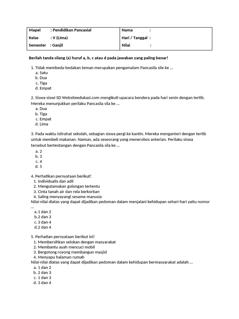 PKN Soal Uts PKN Kelas 5 Semester 1 - Compress | PDF | Indonesia