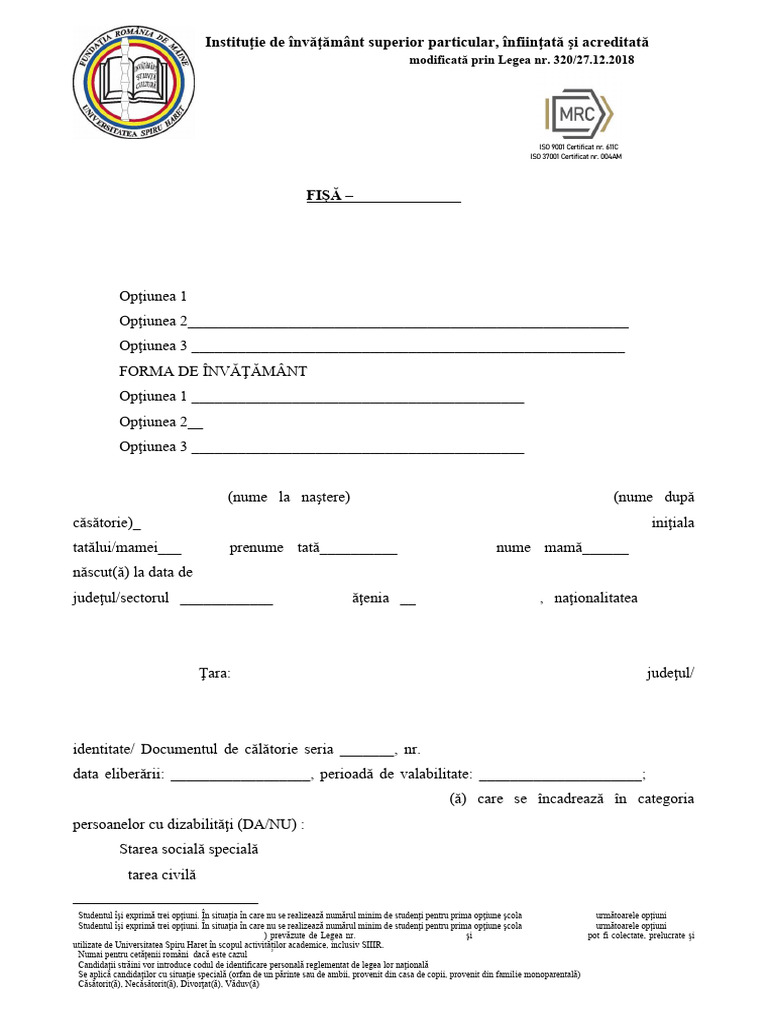 Fisa-Chestionar Admitere 2024 | PDF