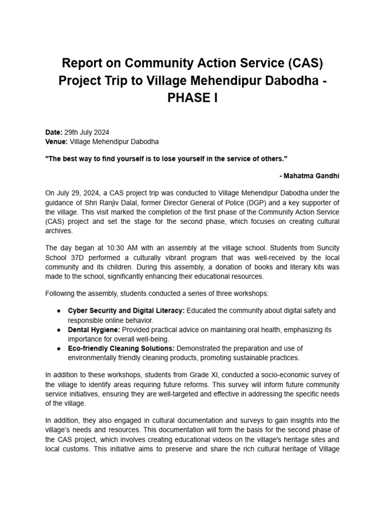 Report On Community Action Service (CAS) Project Trip To Village ...